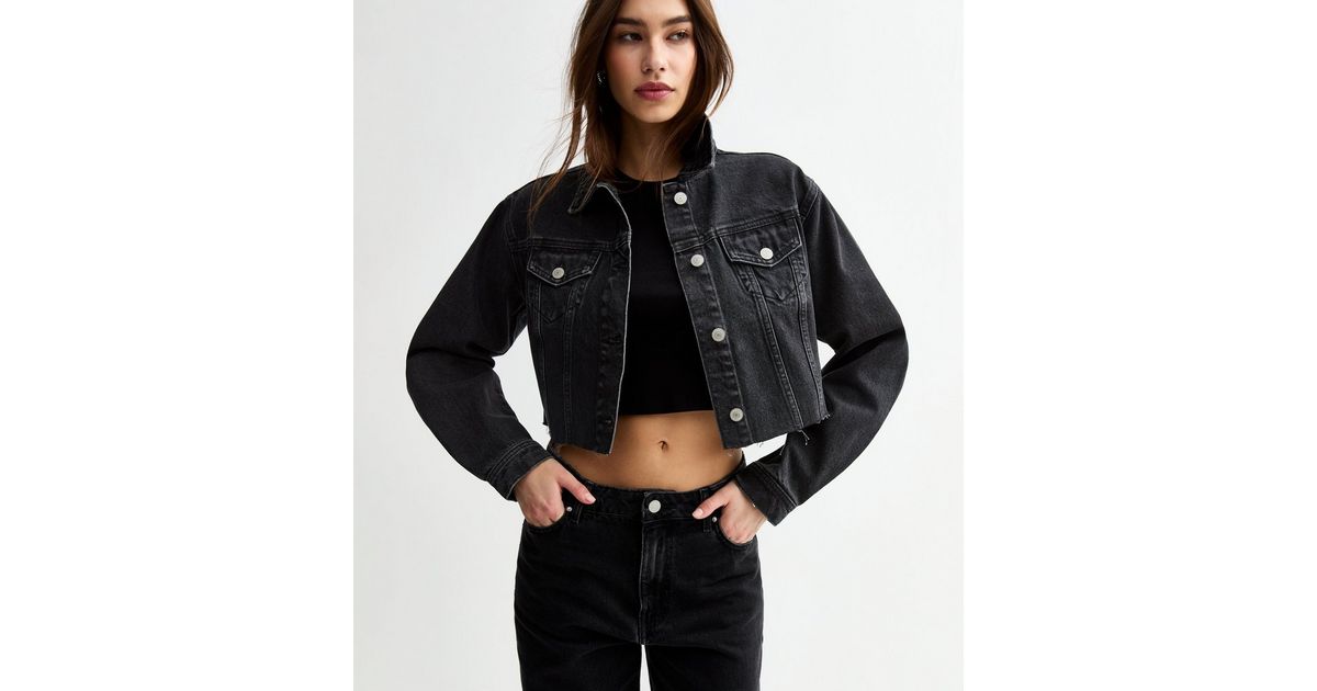 Black Raw Hem Cropped Denim Jacket | New Look