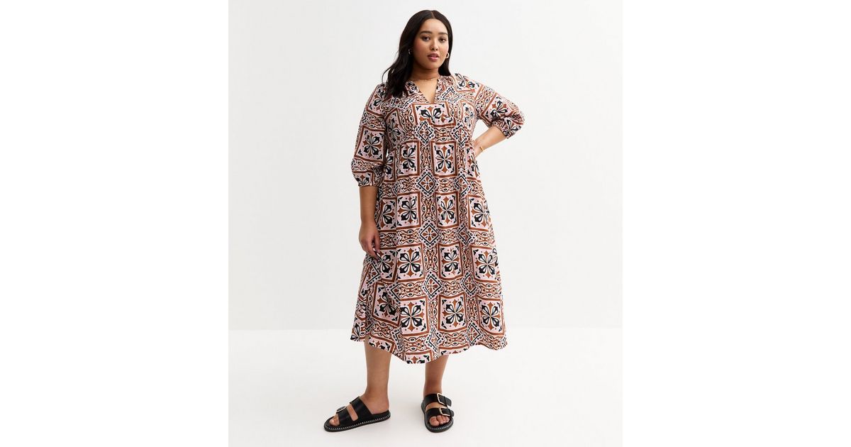Curves Pink Tile Print Smock Midi Dress | New Look