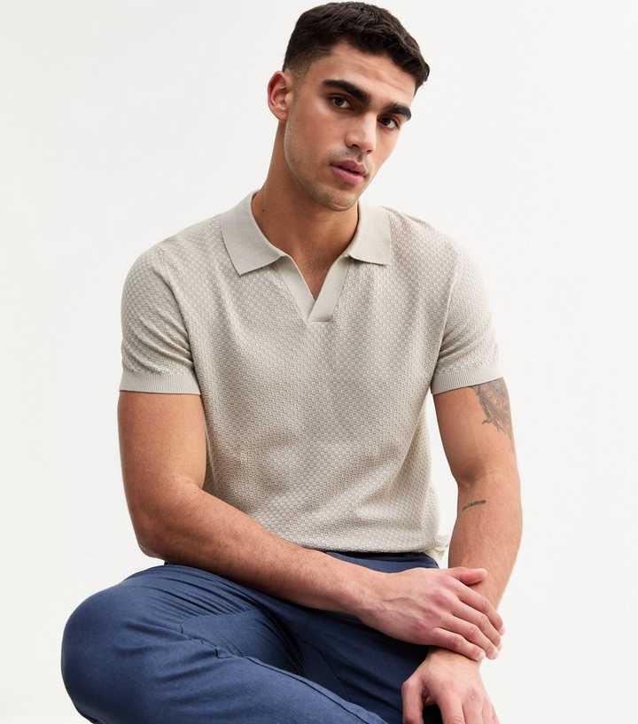 Stone Regular Textured Knit Polo Top | New Look
