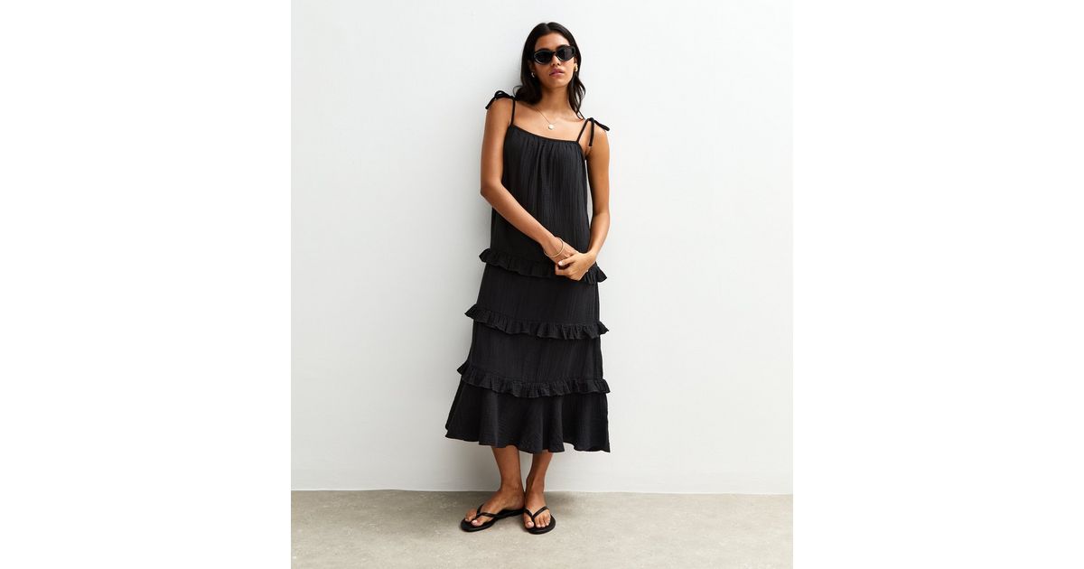 Black Crinkled Frilly Trim Midi Dress | New Look