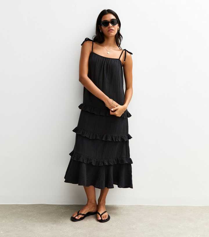 Black Crinkled Frilly Trim Midi Dress | New Look