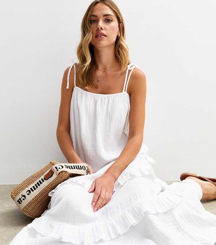 White Crinkled Frilly Trim Midi Dress | New Look