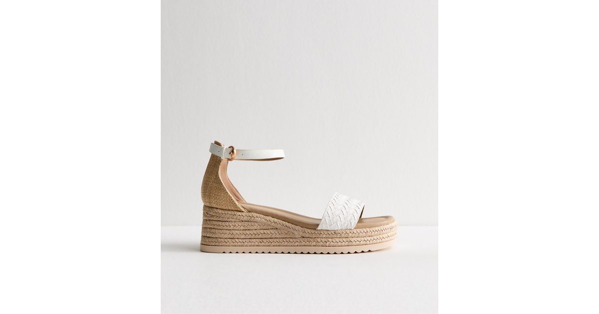 Wide Fit White Faux Leather Woven Strap Flatform Wedge Sandals | New Look
