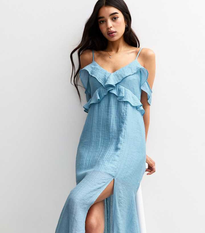 Blue Textured Cold Shoulder Frill Trim Midi Dress | New Look