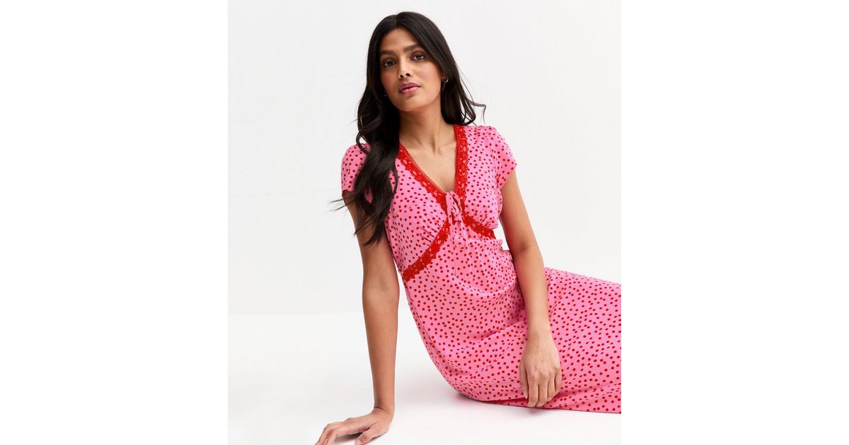 Pink Polka Dot Print Lace Trim Midi Dress | New Look