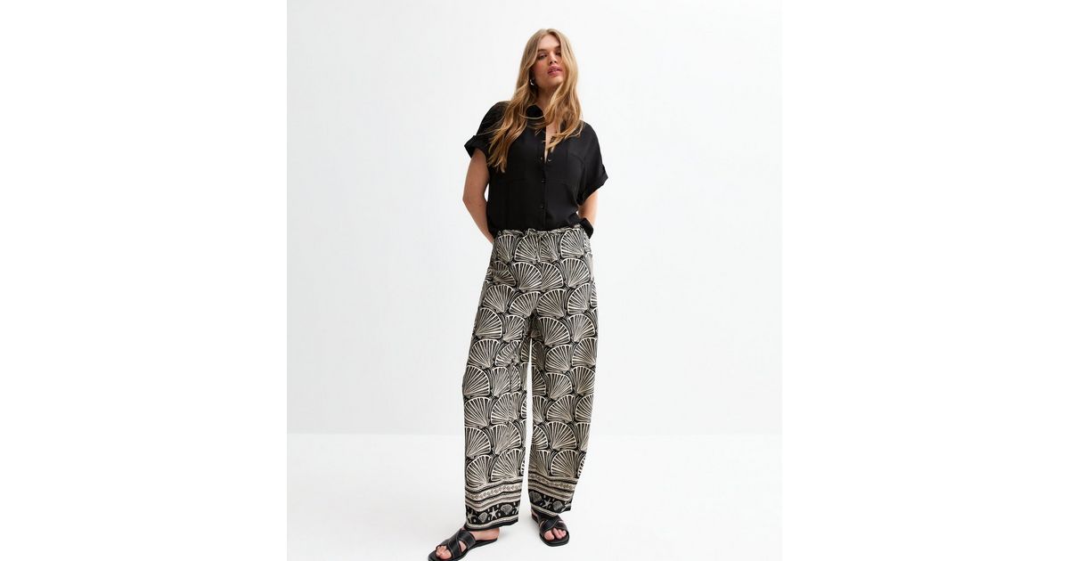 Black Crepe Shell Print Wide Leg Trousers | New Look