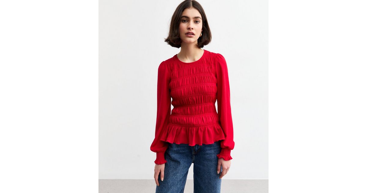 Red Shirred Peplum Top | New Look