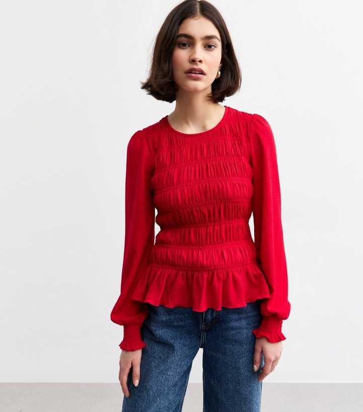 Red Shirred Peplum Top | New Look