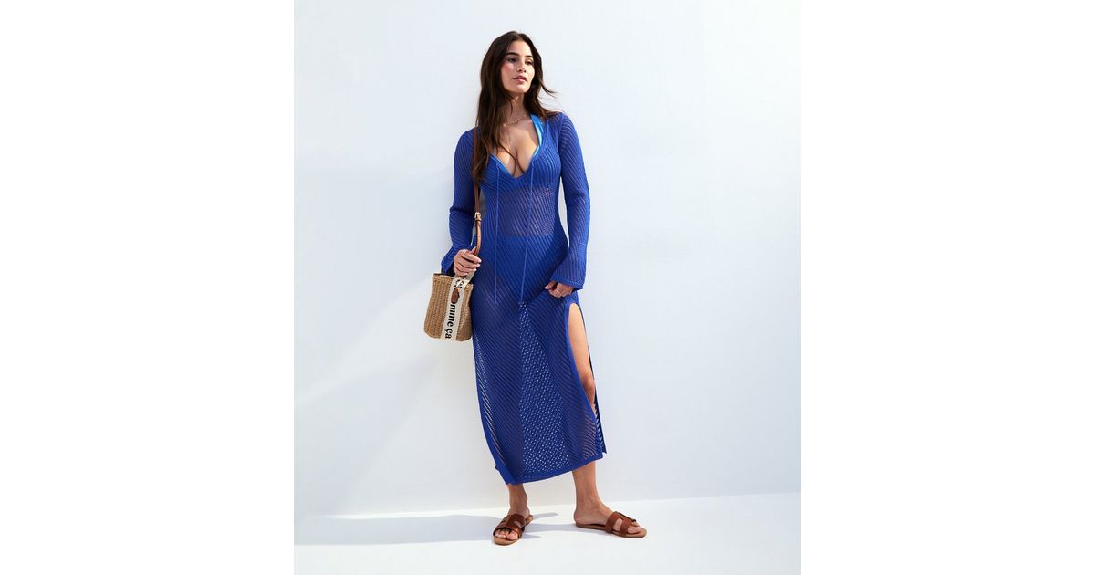 Bright Blue Crochet Tie Neck Maxi Dress | New Look