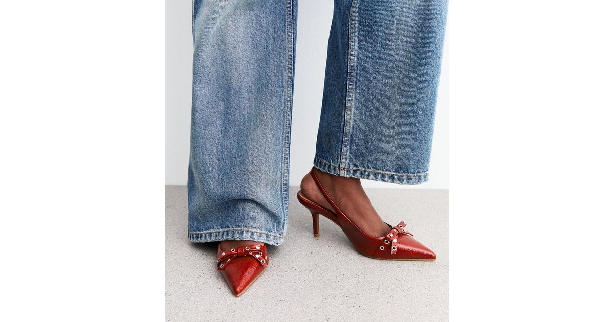 Bright Red Studded Bow Detail Slingback Court shoes | New Look