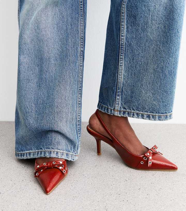 Bright Red Studded Bow Detail Slingback Court shoes | New Look