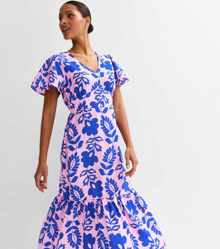 Blue Crinkle Texture Folk Print Midi Tea Dress | New Look
