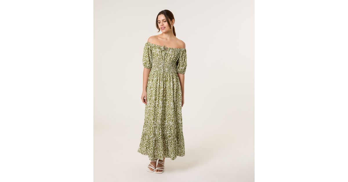 Blue Vanilla Green Floral Print Off The Shoulder Maxi Dress | New Look