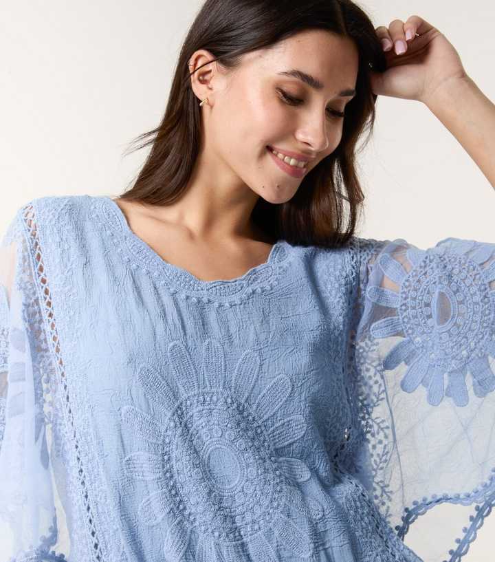 Pale Blue Lace Blouse Lace Trim Bardot Top In Light Blue Roman