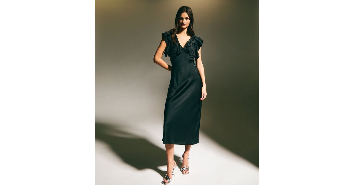 Black Ruffled Textured Satin Midi Dress | New Look