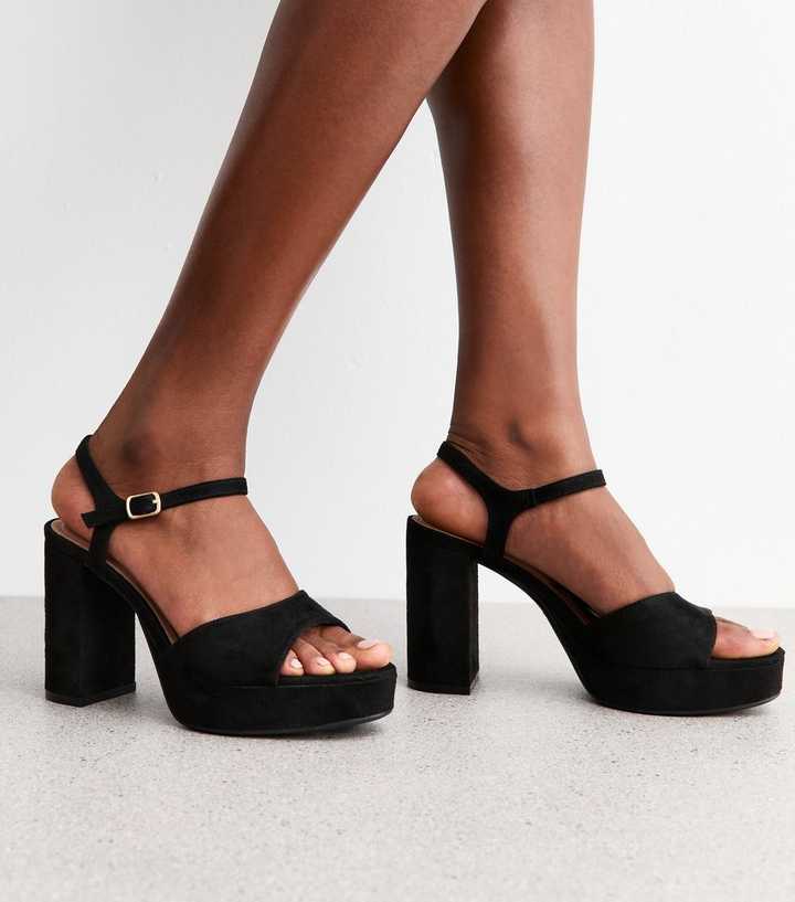 Black Faux Suede Block Heel Platform Sandals | New Look