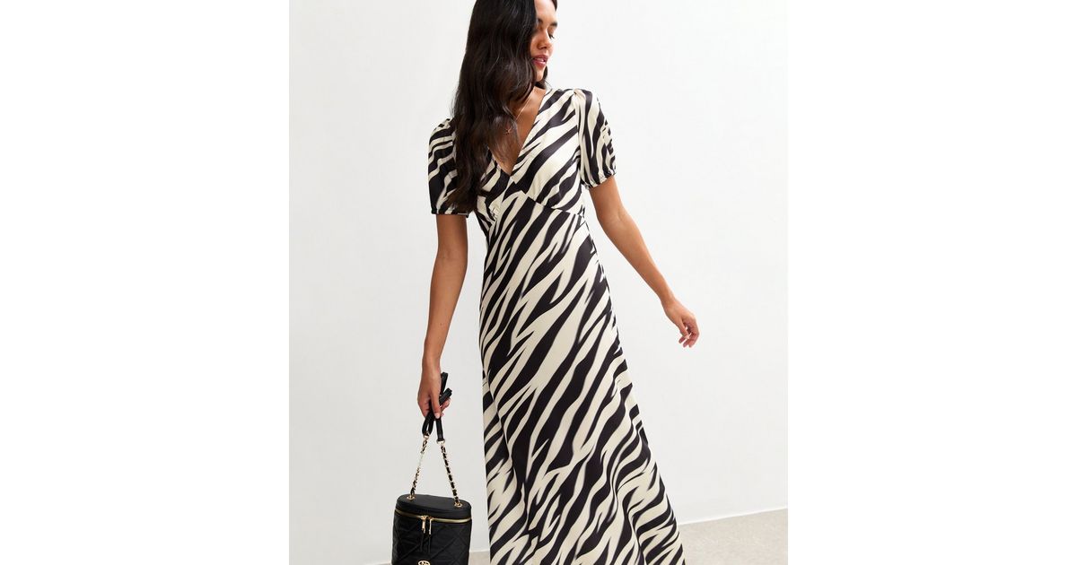 Black Zebra Print Satin Midi Dress | New Look