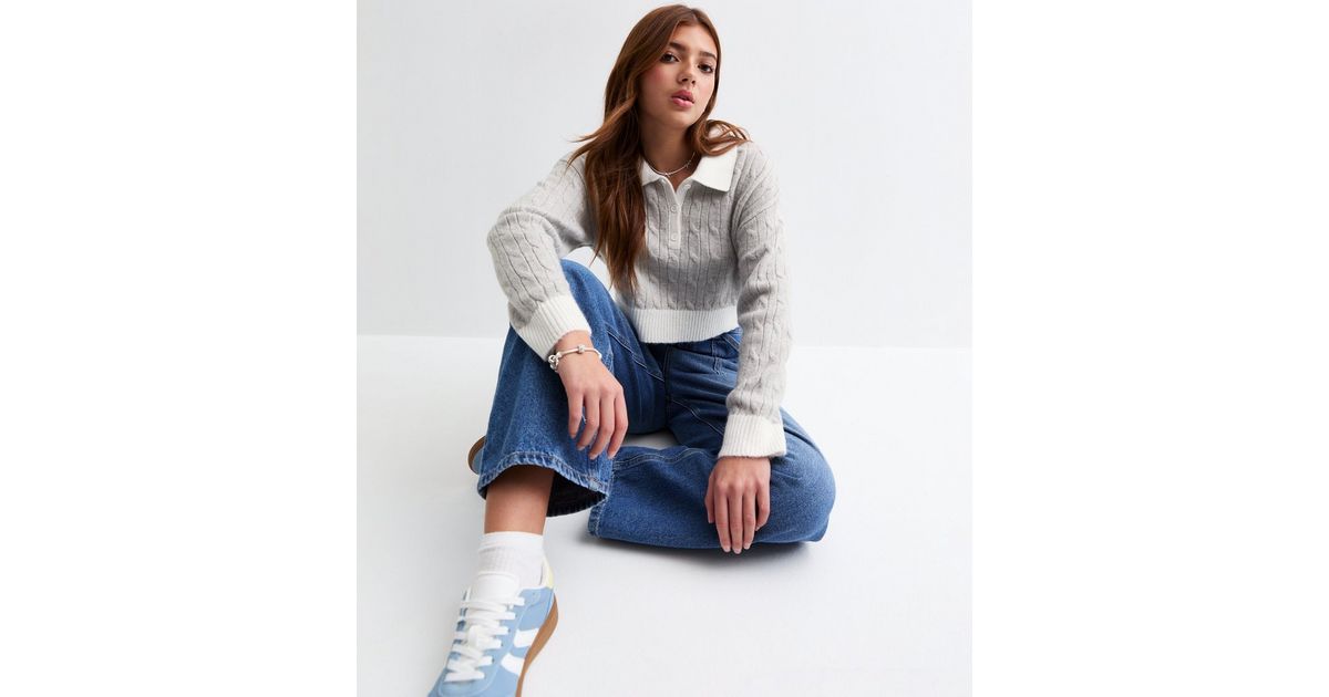 Girls Grey Cable Knit Polo Collar Jumper | New Look