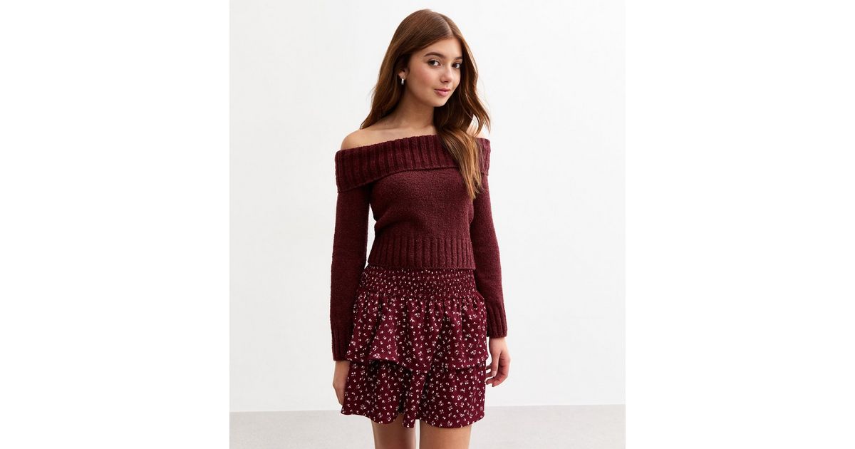 Girls Burgundy Folded Bardot Jumper | New Look