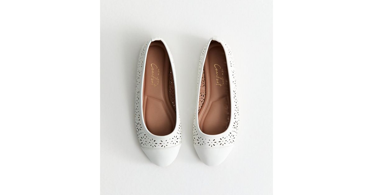 Wide Fit White Faux Leather Laser Cut Ballet Flats | New Look