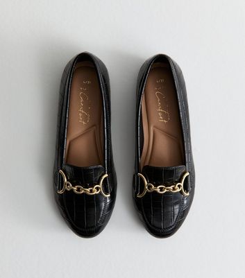 Wide Fit Black Faux Patent Leather Chain Link Crocodile Embossed ...