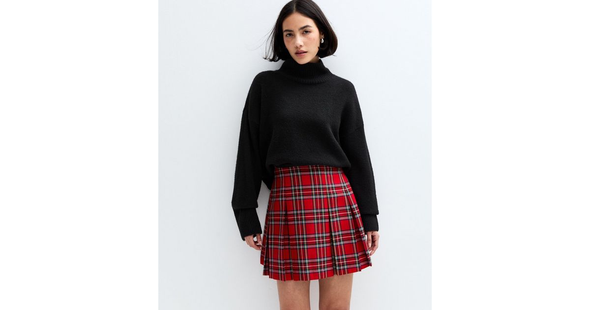 Red Checked Pleated Skirt | New Look