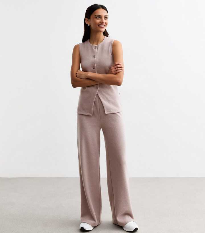Mink Soft Touch Ribbed Wide Leg Trousers | New Look