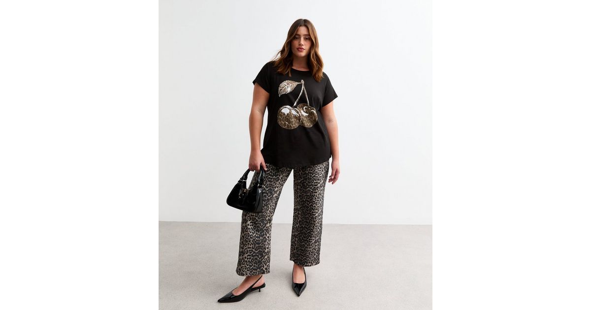 Curves Black Leopard Cherry Print T-Shirt | New Look