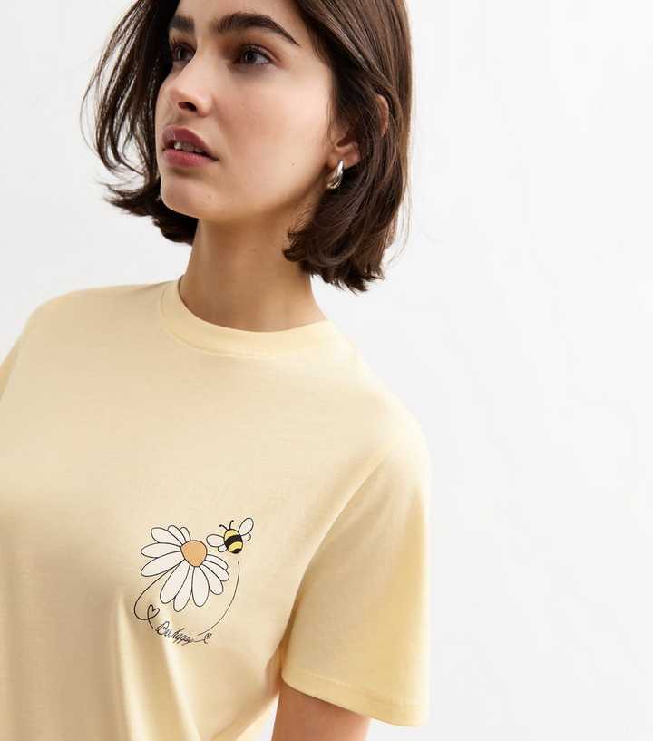 Light Yellow Bee Happy Print T-Shirt | New Look