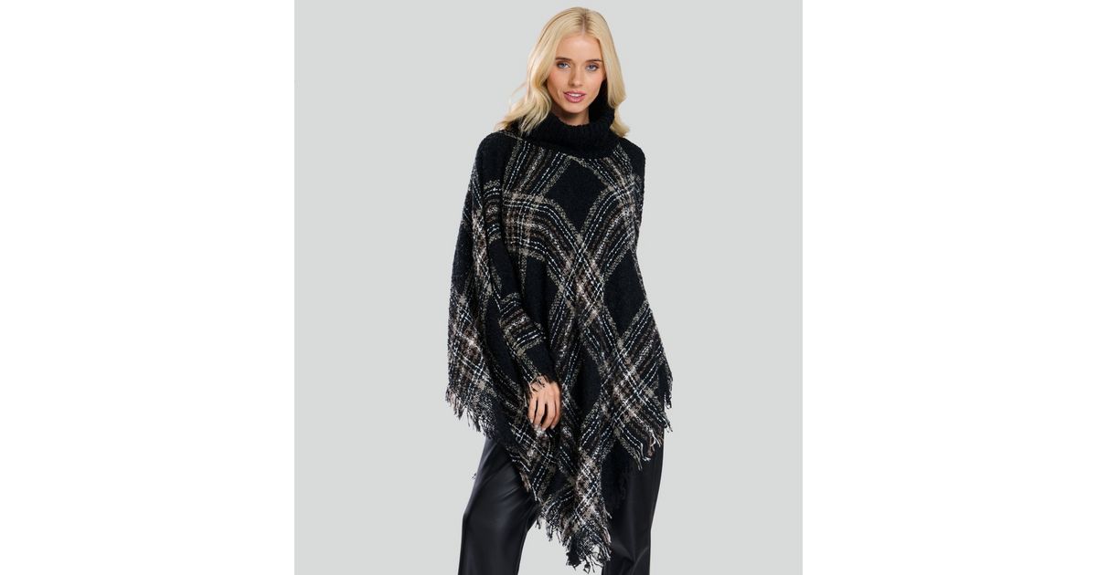 South Beach Black Funnel Neck Checked Bouclé Poncho | New Look
