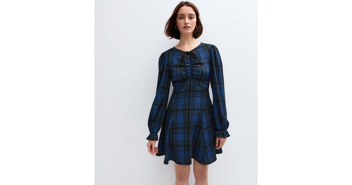 Blue Crinkled Jersey Checked Mini Skater Dress | New Look