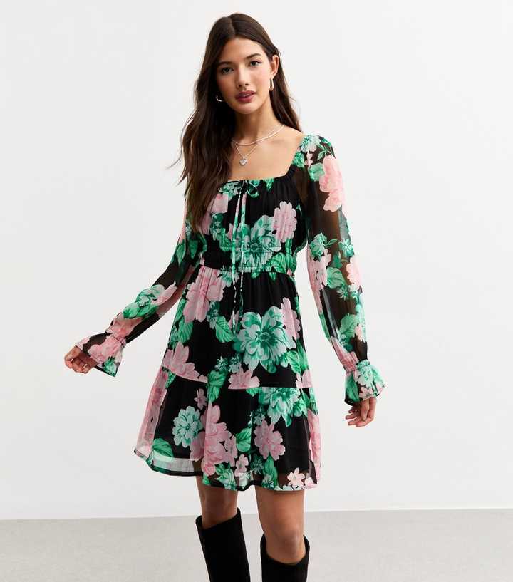 Black Floral Print Crinkled Chiffon Mini Dress | New Look