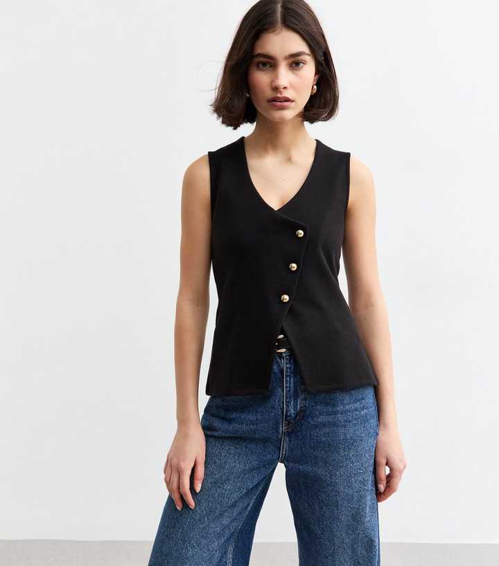 Black Soft Touch Asymmetric Button Up Vest | New Look