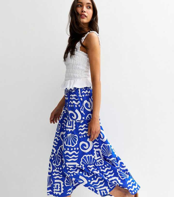 Blue Shell Print Tiered Midi Skirt | New Look