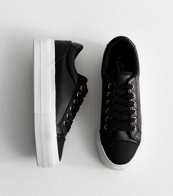 Black Platform Sole Pebbled Faux Leather Trainers | New Look