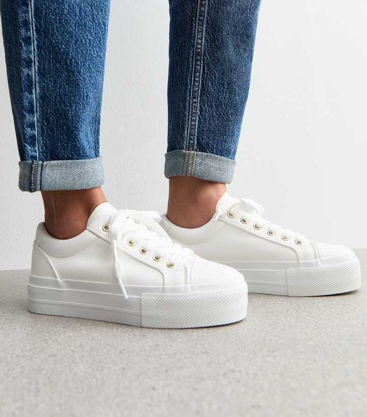 White Platform Sole Pebbled Faux Leather Trainers | New Look