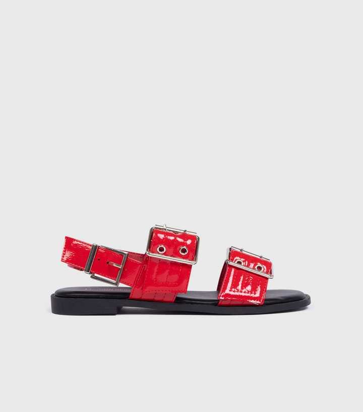 London Rebel Bright Red Faux Patent Leather Buckled Sandals | New Look