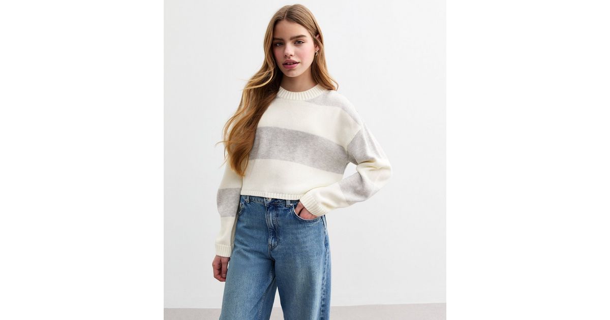Girls Light Grey Cropped Stripe Knit Jumper | New Look