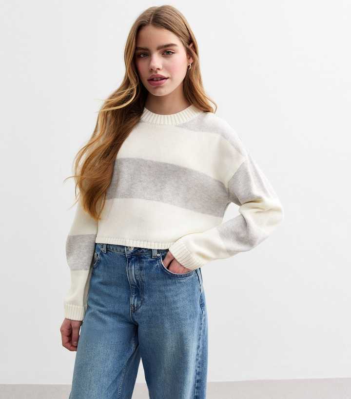 Girls Light Grey Cropped Stripe Knit Jumper | New Look
