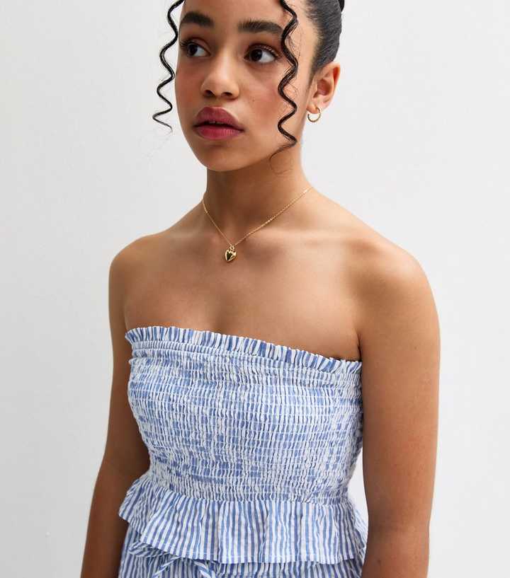 Girls Blue Striped Shirred Bandeau Top | New Look
