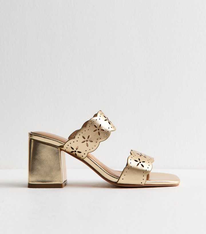 Wide Fit Gold Faux Leather Laser Cut Scallop Strap Mules | New Look