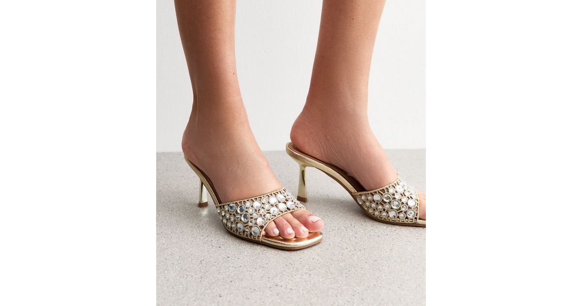 Gold Gem Embellished Laser Cut Strap Mules | New Look