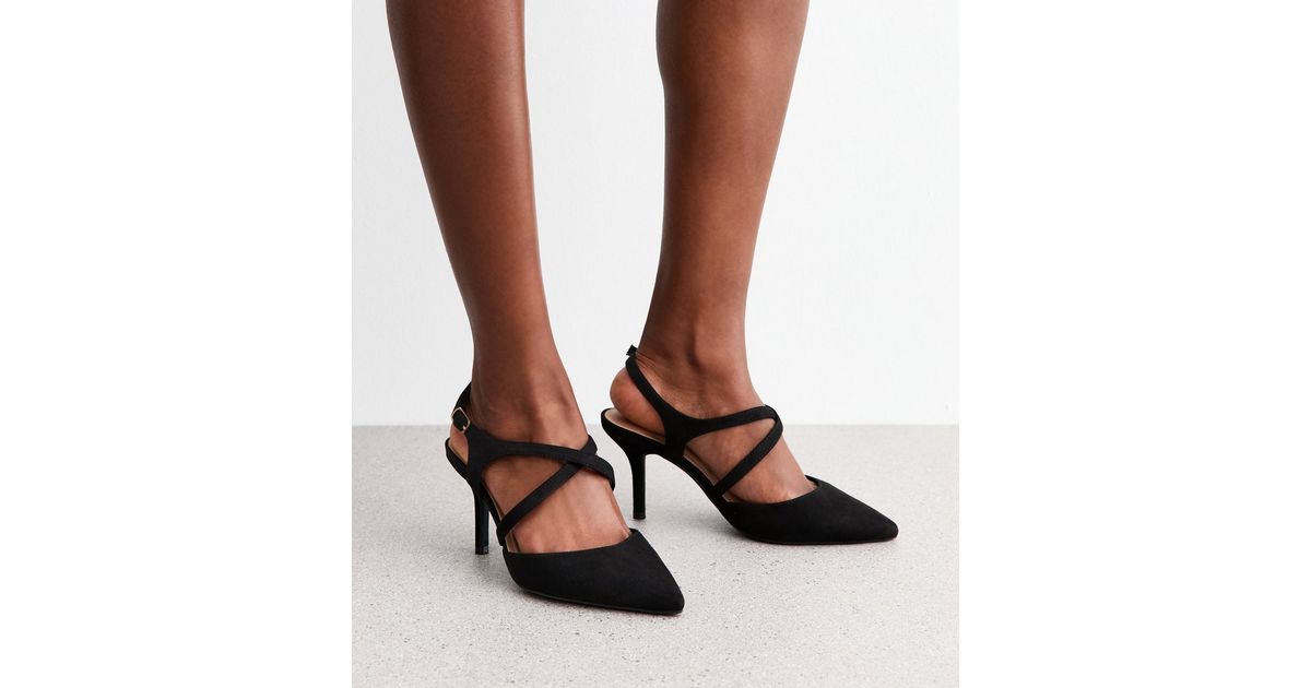 Wide Fit Black Faux Suede Crossover Strap Pumps | New Look