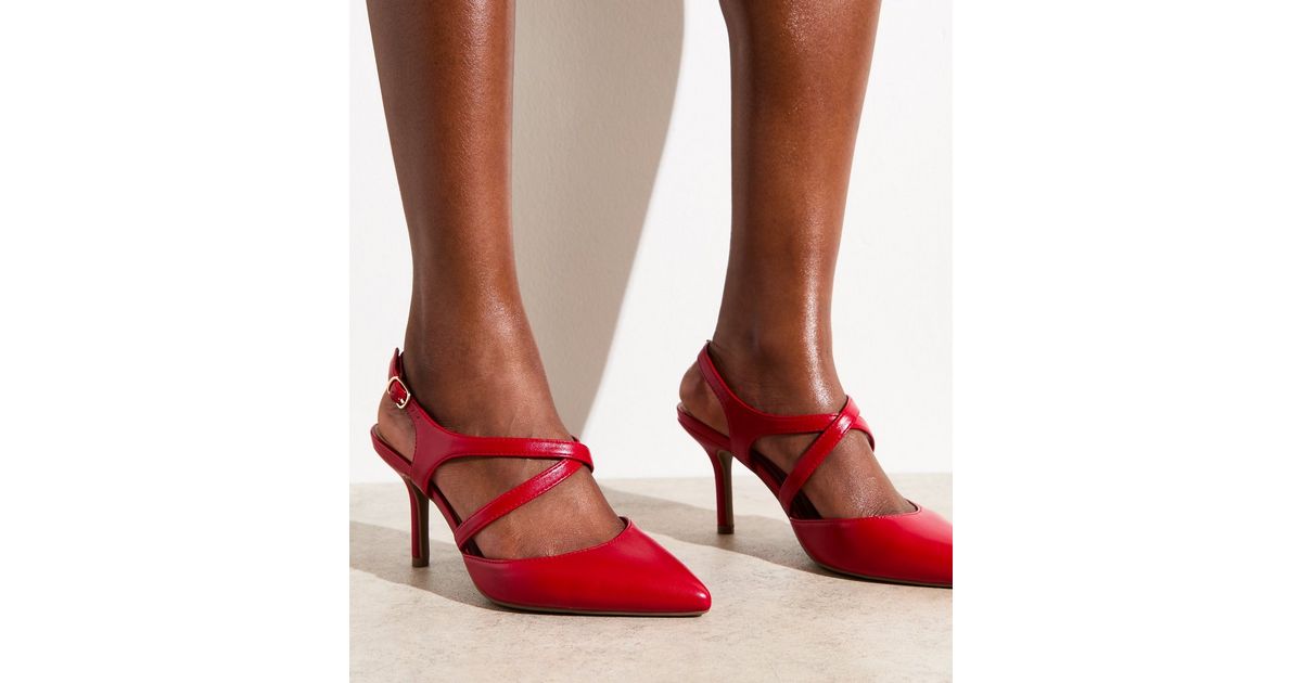 Wide Fit Red Faux Leather Crossover Strap Slingback Court Shoes | New Look