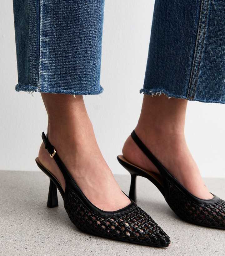 Black Faux Leather Woven Slingback Court Shoes | New Look