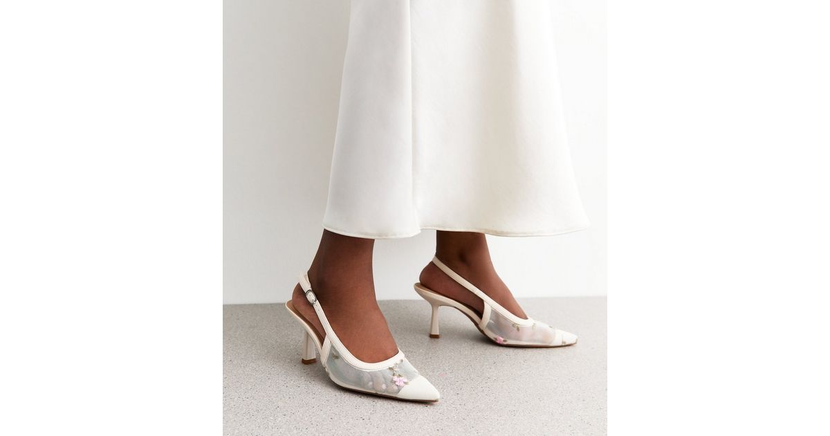 Off White Floral Embroidered Mesh Slingback Shoes | New Look
