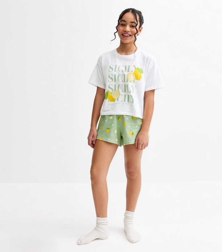 Girls White Sicily Lemon Print Shorts Pyjama Set | New Look