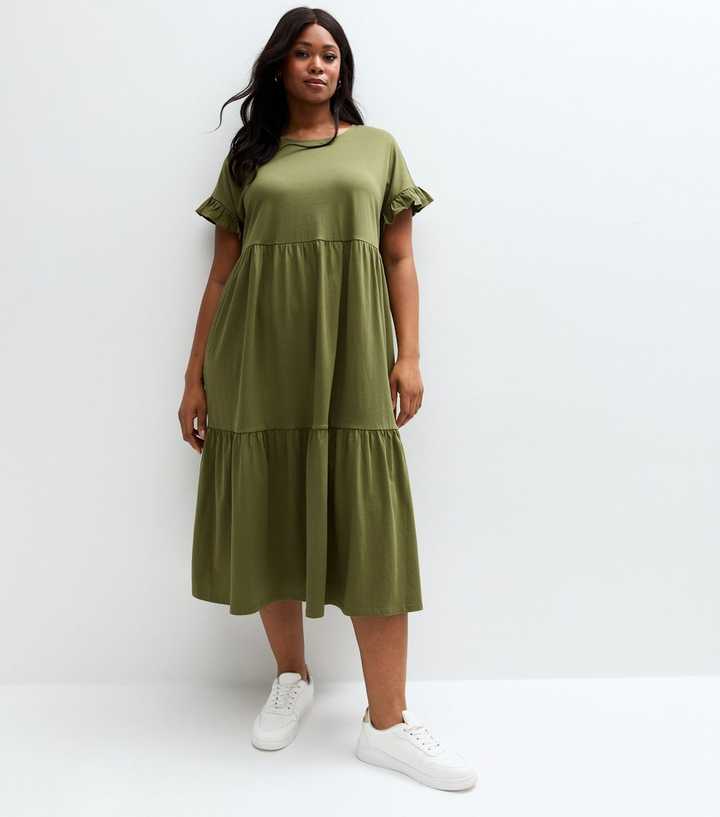 Curves Khaki Frilly Sleeve Tiered Midi Dress | New Look