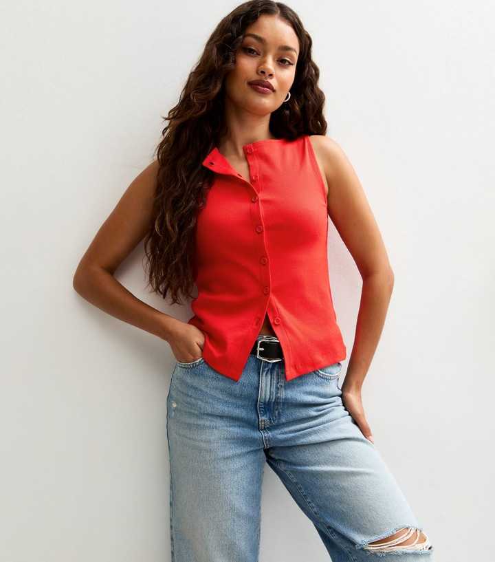 Petite Red Ribbed Button Detail Vest | New Look