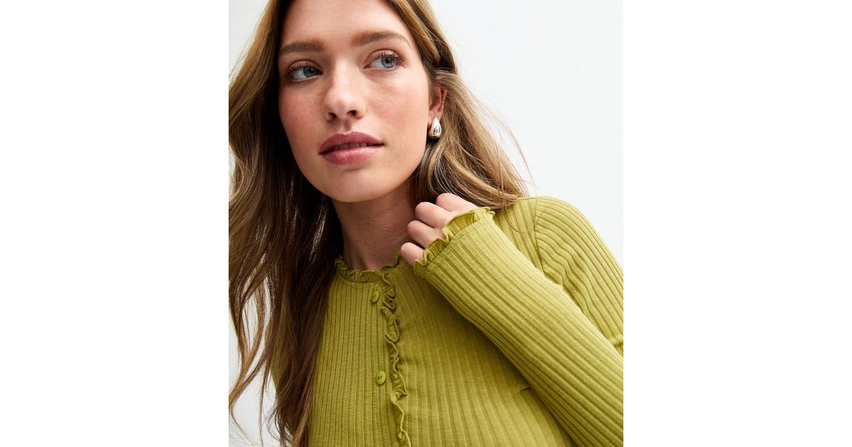 Green Frilly Trimmed Ribbed Top | New Look